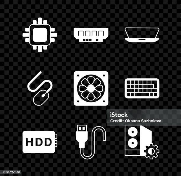 Set Processor With Cpu Ram Random Access Memory Laptop Hard Disk Drive Hdd Usb Cable Cord Case