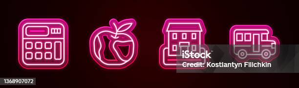 Atur Garis Kalkulator Apple Bangunan Sekolah Dan Bus Ikon Neon ... Atur Garis Kalkulator Apple Bangunan Sekolah Dan Bus Ikon Neon ...