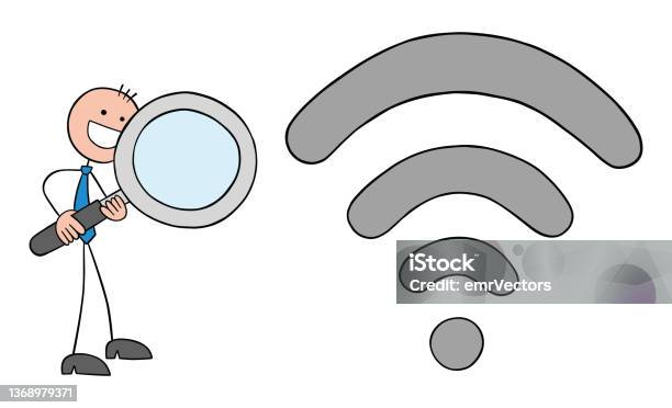 Pengusaha Stickman Memeriksa Sinyal Wifi Dengan Kaca Pembesar Tangan
