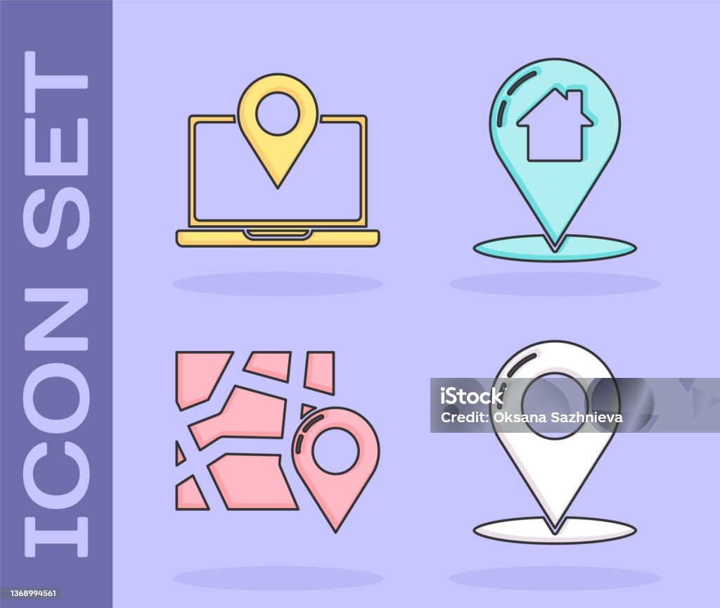 Vetores De Definir Pino Do Mapa Laptop Com Marcador De Localização Mapa