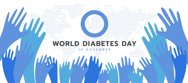 World Diabetes Day Text And Blue Circle Symbol On Abstract Hands Raised