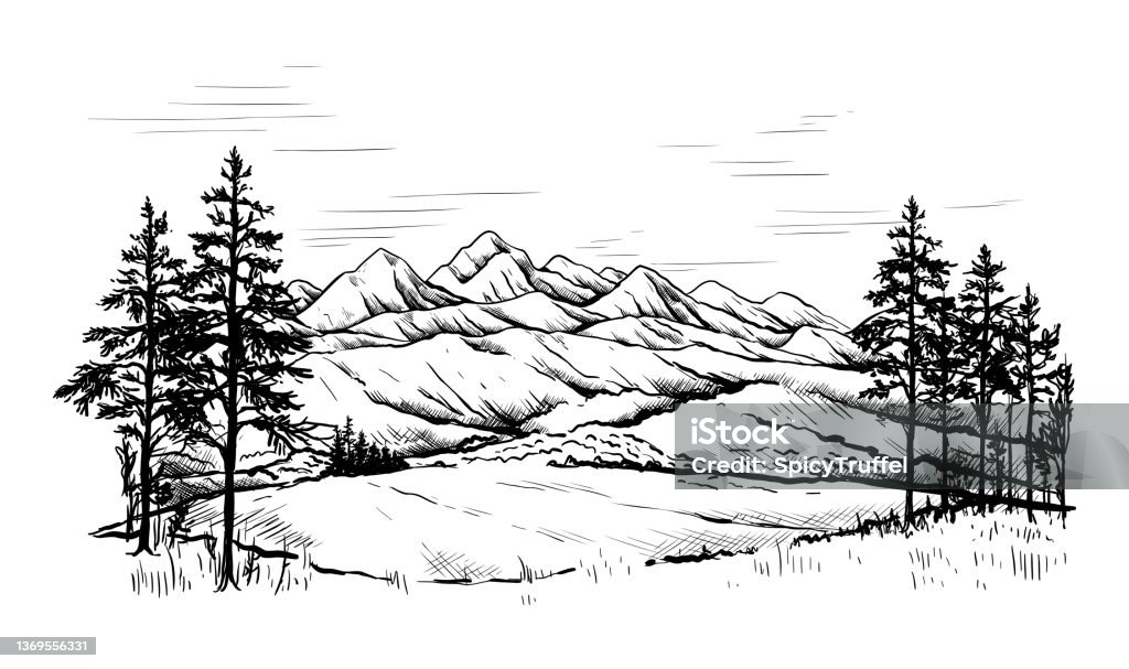 Lanskap Gunung Sketsa Yang Digambar Tangan Dengan Hutan Dan Punggungan ... Lanskap Gunung Sketsa Yang Digambar Tangan Dengan Hutan Dan Punggungan ...