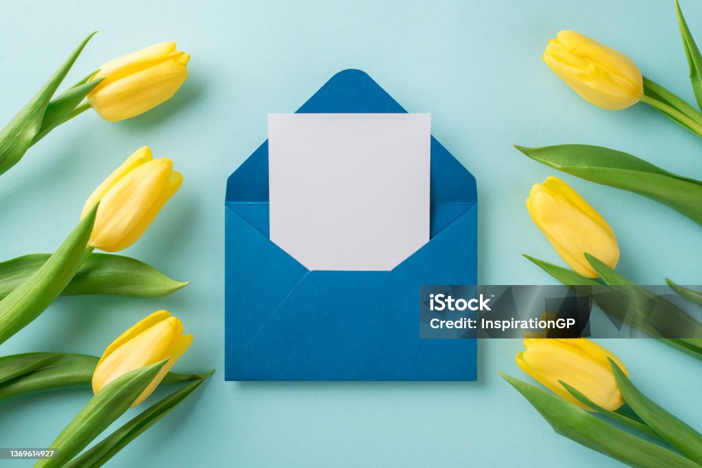 Foto Tampilan Atas Komposisi Hari Wanita Tulip Kuning Dan Amplop Biru ... Foto Tampilan Atas Komposisi Hari Wanita Tulip Kuning Dan Amplop Biru ...