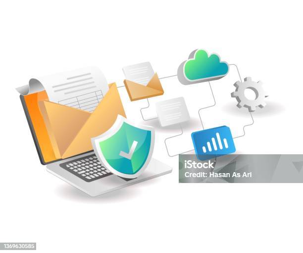 Ilustrasi Konsep Isometrik Keamanan Jaringan Data Server Cloud