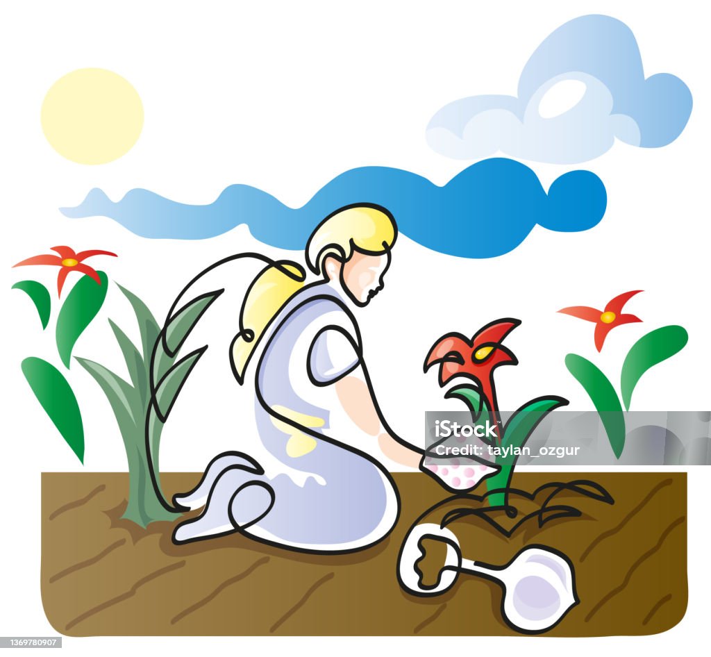 One Line Drawing Of Sitting Pretty Blond Woman Gardener Stock