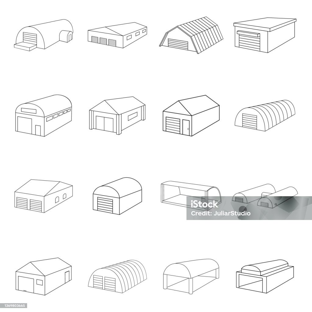 Different Hangars Icons Set Outline Stock Illustration Download Image