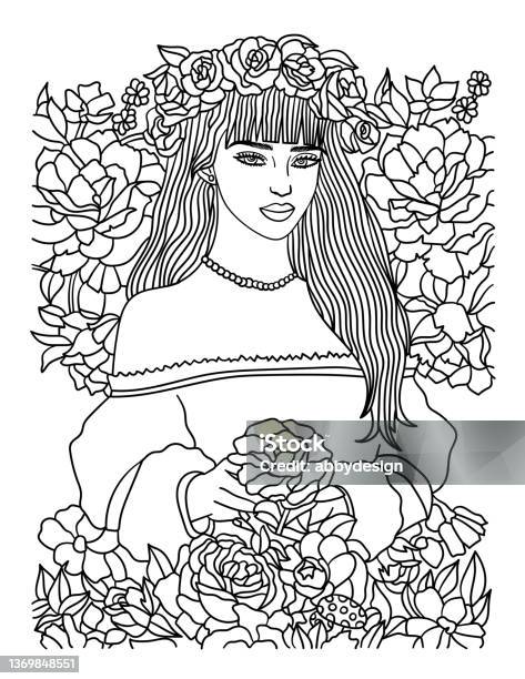 Beautiful Flower Girl Coloring Page For Adults向量圖形及更多塗色書頁 製圖技術圖片 塗色