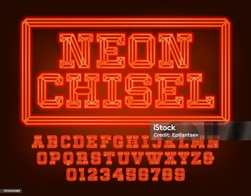 Font Alfabet Neon Chisel Neon Cahaya Huruf Angka Dan Simbol Ilustrasi
