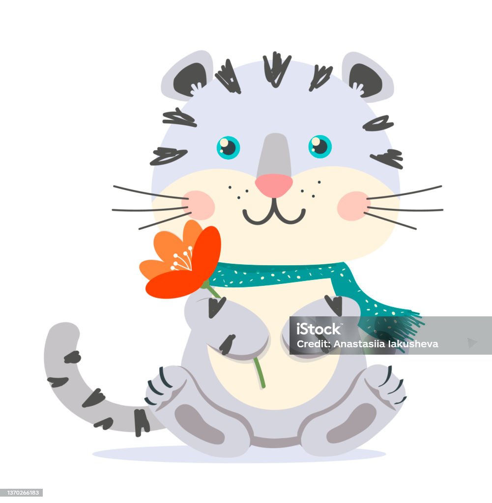 White Tiger Character With Flower Vector Clipart Stock Illustration Download Image Now