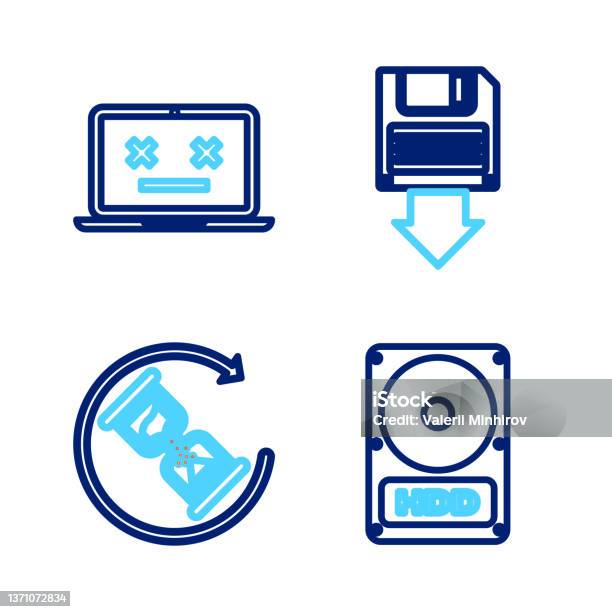 Atur Garis Hard Disk Drive Hdd Menunggu Floppy Cadangan Dan Ikon Laptop