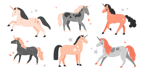 Ensemble De Licornes Mignonnes Dans Le Style Dessin Animé Illustration