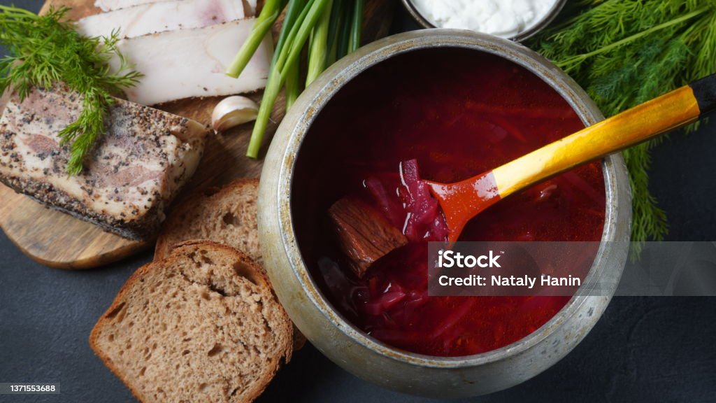 Traditional Ukrainian Russian Borscht Bowl Of Red Beet Root Soup Borsch With White Cream Beet