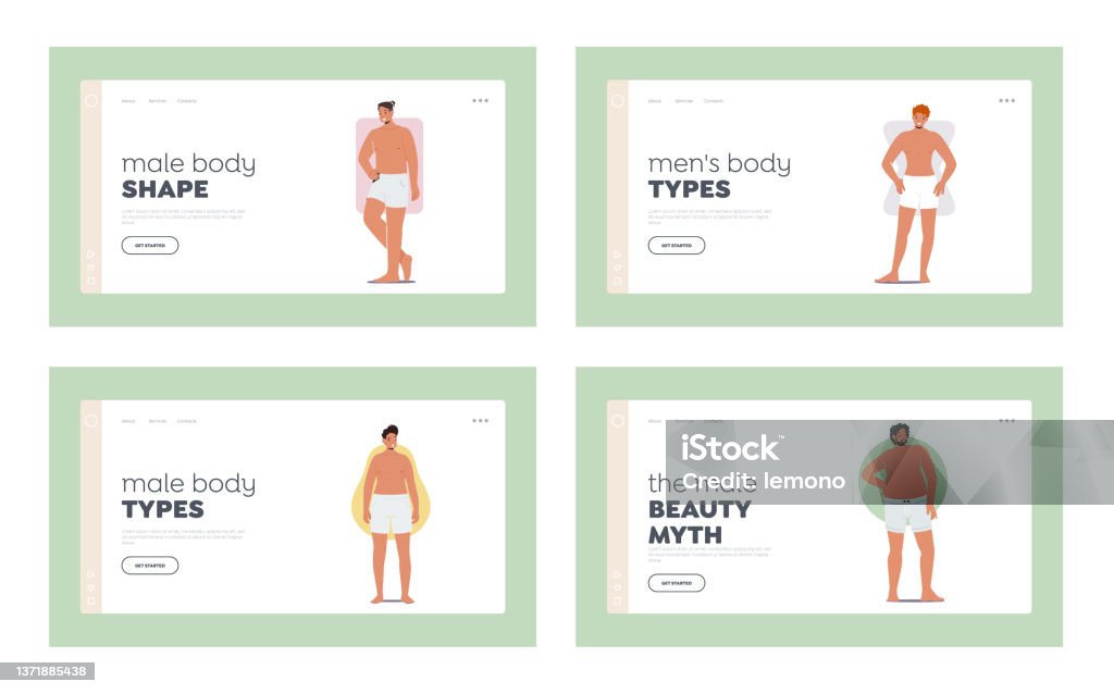 Men Body Shape Landing Page Template Set Body Figure Types Handsome Persons Posing Male