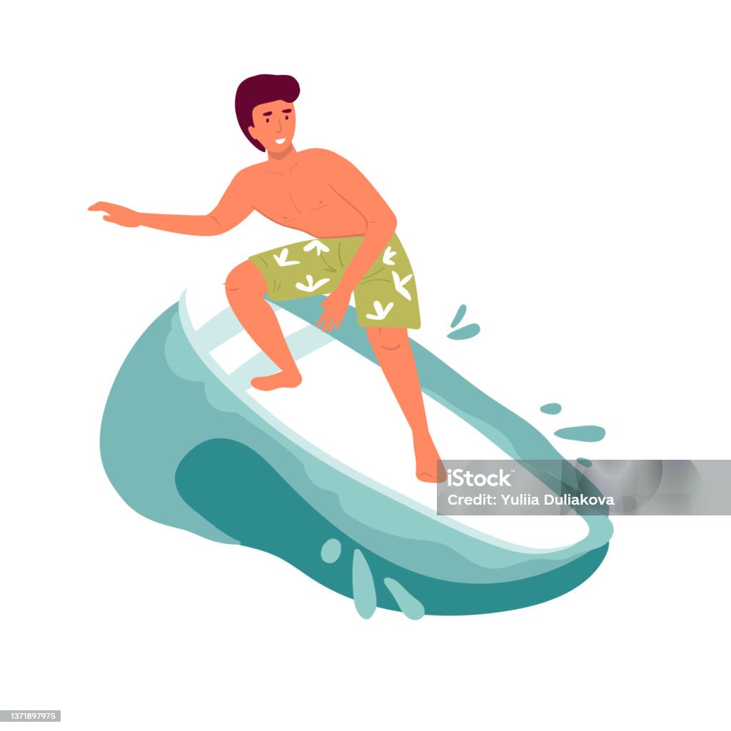 Vector Surfer Character With Surfboard Standing And Riding On Ocean