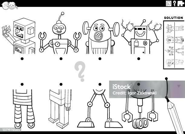 Cocokkan Bagian Dari Robot Kartun Gambar Tugas Mewarnai Halaman Buku