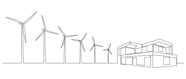 Éoliennes Et Moulin À Vent Avec Maison Moderne En Un Dessin Au Trait