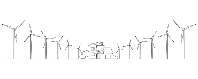 Éoliennes Et Moulin À Vent Avec Maison Familiale En Un Dessin Au Trait