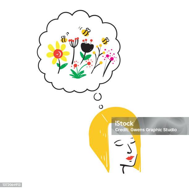 Doodle Dessiné À La Main Humain Avec Un Symbole De Pensée De Fleur Pour