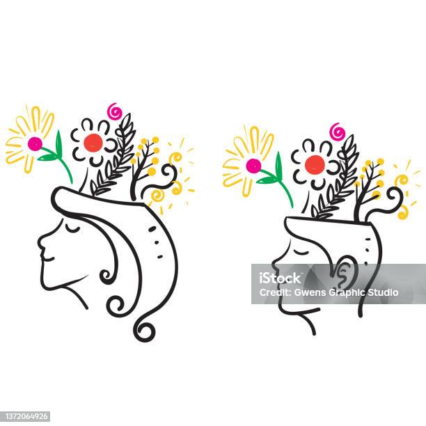 Doodle Dessiné À La Main Humain Avec Un Symbole De Pensée De Fleur Pour