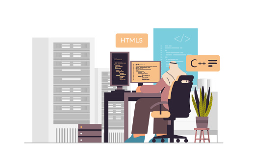 Web Developer Creating Program Code On Computer Monitor Development Of Software And Programming