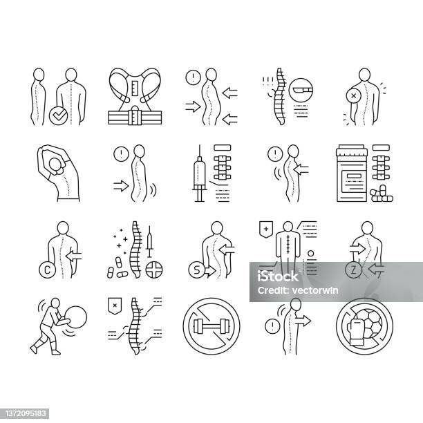 Scoliosis Disease Collection Icons Set Vector Stock Illustration