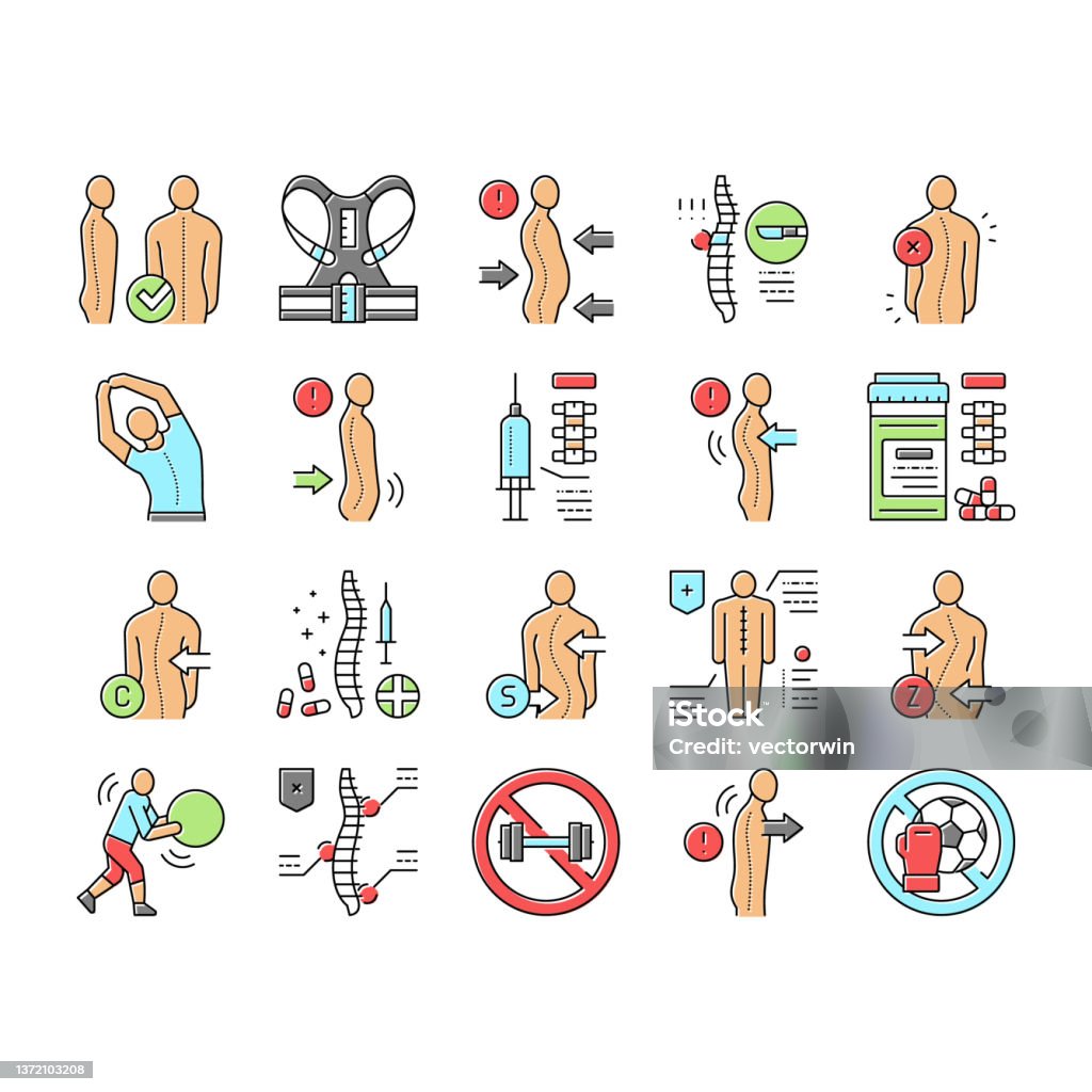 Scoliosis Disease Collection Icons Set Vector Stock Illustration