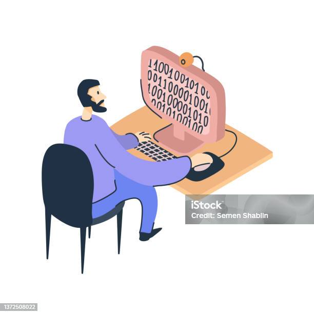 A Programmer Writes Code On A Desktop Computer Binary Code On The Monitor Stock Illustration