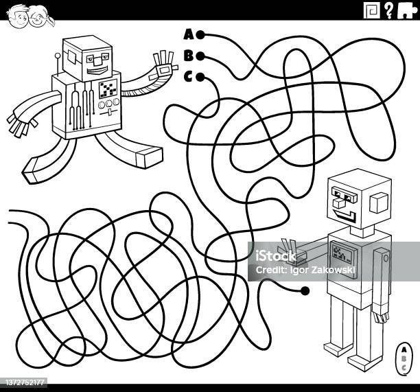 Permainan Labirin Dengan Karakter Robot Kartun Mewarnai Halaman Buku