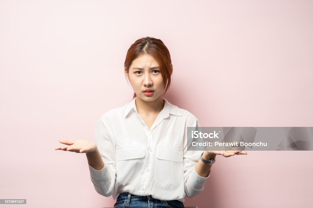 What Wrong Ambushed Shocked Confused Young Asian Girl Coworker Shrugging Hands Spread Sideways
