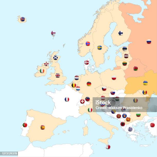 Stock Ilustrace Mapa Evropy A Vlajky Zemí Podrobná Mapa Evropy A Zemí