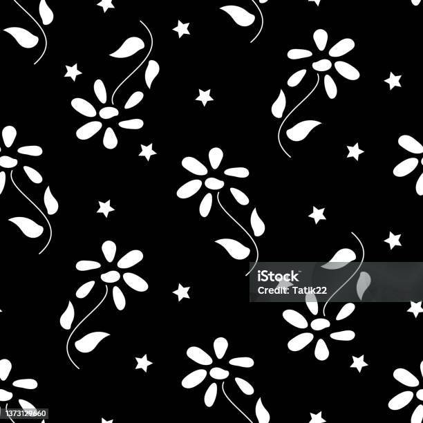 Fond Noir Et Blanc De Marguerites Et Détoiles Motif Vectoriel