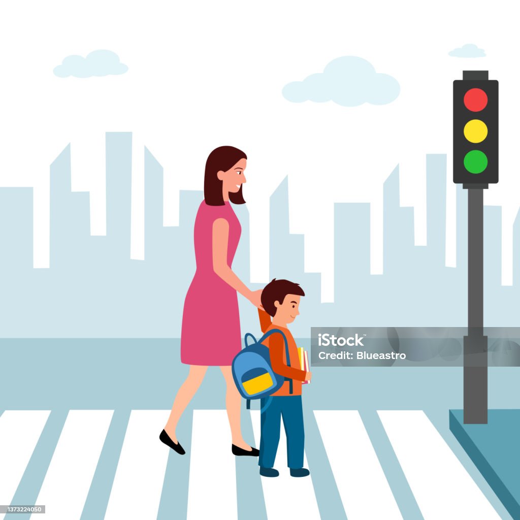 Ibu Dengan Anak Menyeberang Jalan Di Persimpangan Jalan Dengan ... Ibu Dengan Anak Menyeberang Jalan Di Persimpangan Jalan Dengan ...