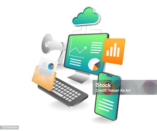 Konsep Ilustrasi Isometrik Datar Kampanye Data Analisis Server Cloud