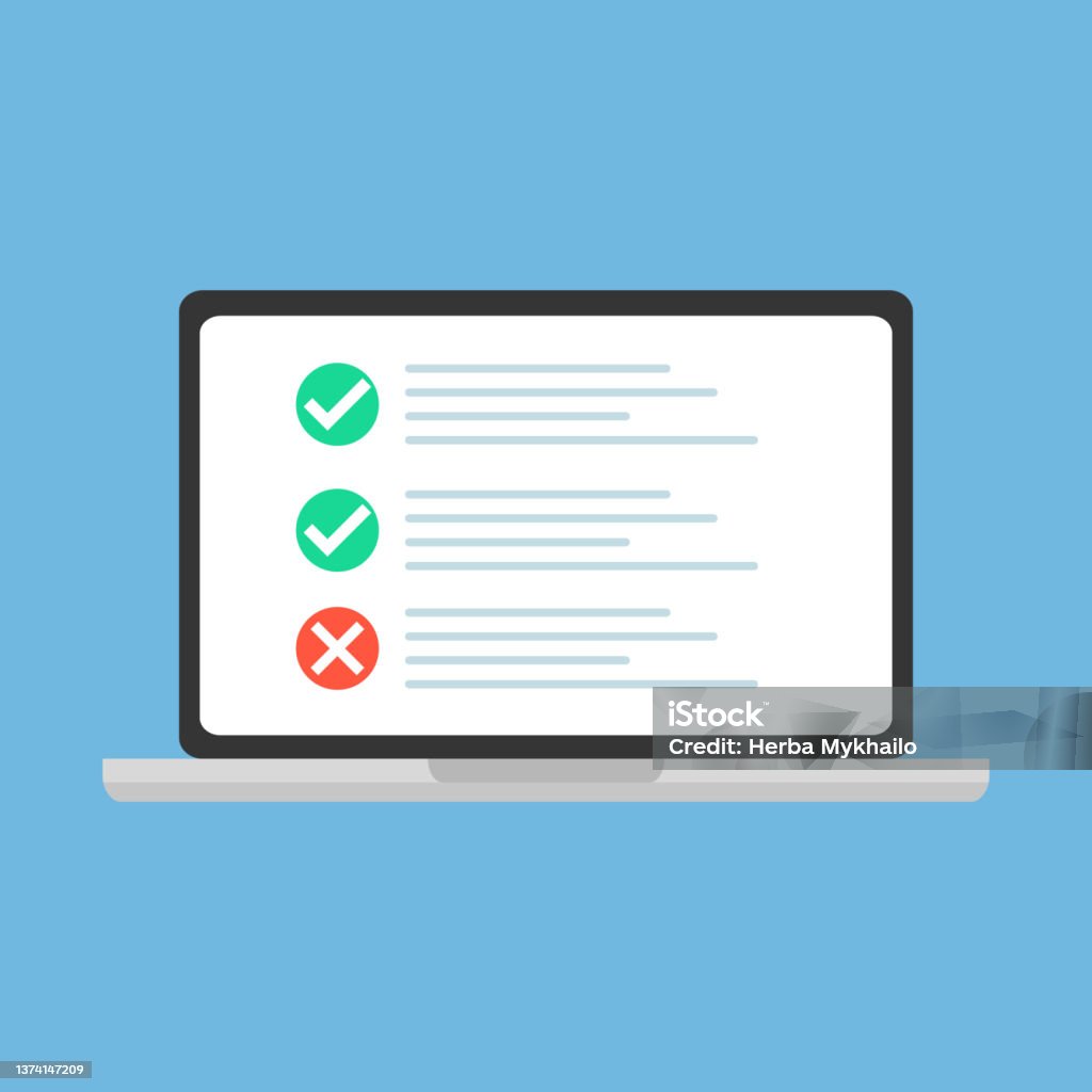 Flacher Laptop Mit Liste Checkliste Und Kreuzen Auf Dem ... Flacher Laptop Mit Liste Checkliste Und Kreuzen Auf Dem ...
