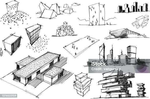 Ilustración De Muchos Bocetos Arquitectónicos De Una Arquitectura