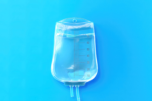 3d Rendering Of Infusion Bag In The Pure Blue Background Iv Drip Chamber Iv Tubing And Iv Bag Of