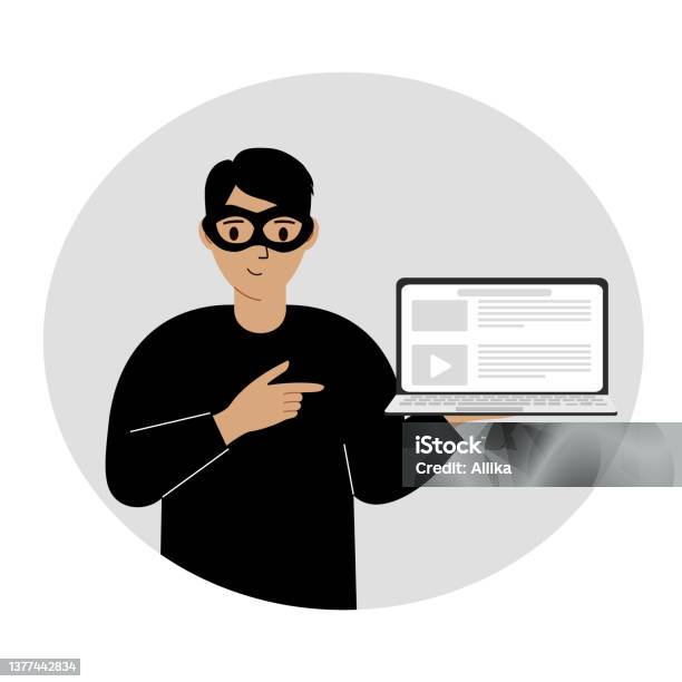 Hacker Dalam Topeng Hitam Dengan Komputer Penjahat Cyber Memegang ... Hacker Dalam Topeng Hitam Dengan Komputer Penjahat Cyber Memegang ...