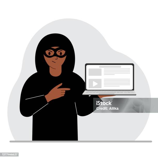 Hacker Dalam Topeng Hitam Dengan Komputer Penjahat Cyber Memegang ... Hacker Dalam Topeng Hitam Dengan Komputer Penjahat Cyber Memegang ...