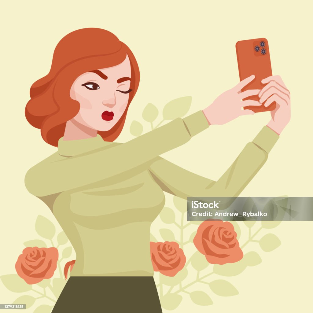 Woman Taking Selfie With Phone Beautiful Ginger Lady Portrait Stock