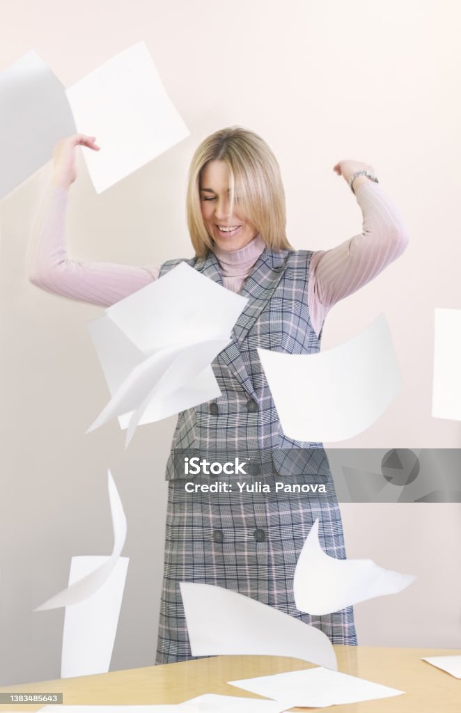 Business Woman Throwing Paper Into He Air And Smiling End Of The Day ... Business Woman Throwing Paper Into He Air And Smiling End Of The Day ...