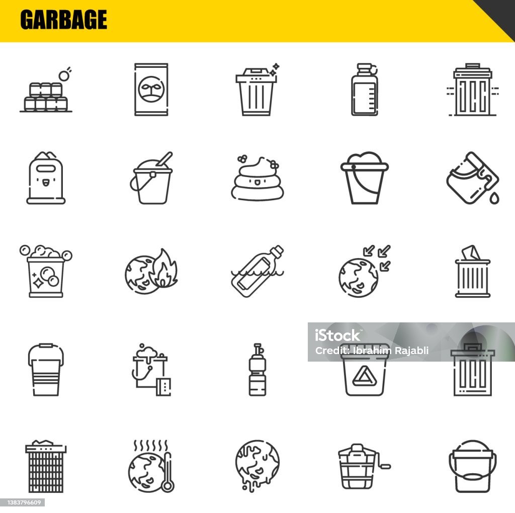 Jeu Dicônes De Ligne Vectorielle Garbage Bouteilles Corbeille Et Seau