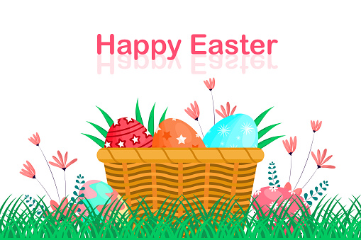 Happy Easter Day Cute Colorful Easter Eggs In Basket Design On White