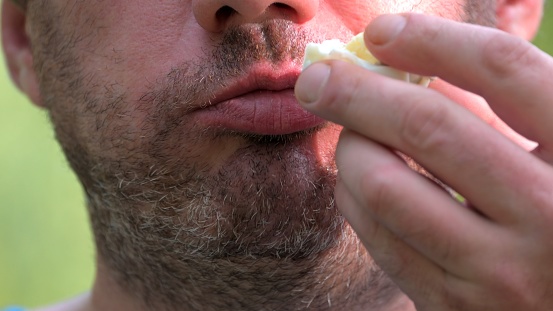 An Unshaven Man With A Beard Eats A Boiled Egg Against The Background Of Green Nature Selective