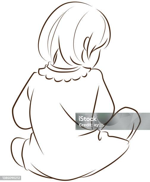 Vue Arrière Dune Fille Assise Illustration De Dessin Au Trait Vecteurs