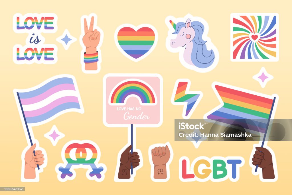 Stiker Kebanggaan Lgbt Datar Yang Ditetapkan Dengan Bendera Dan Simbol
