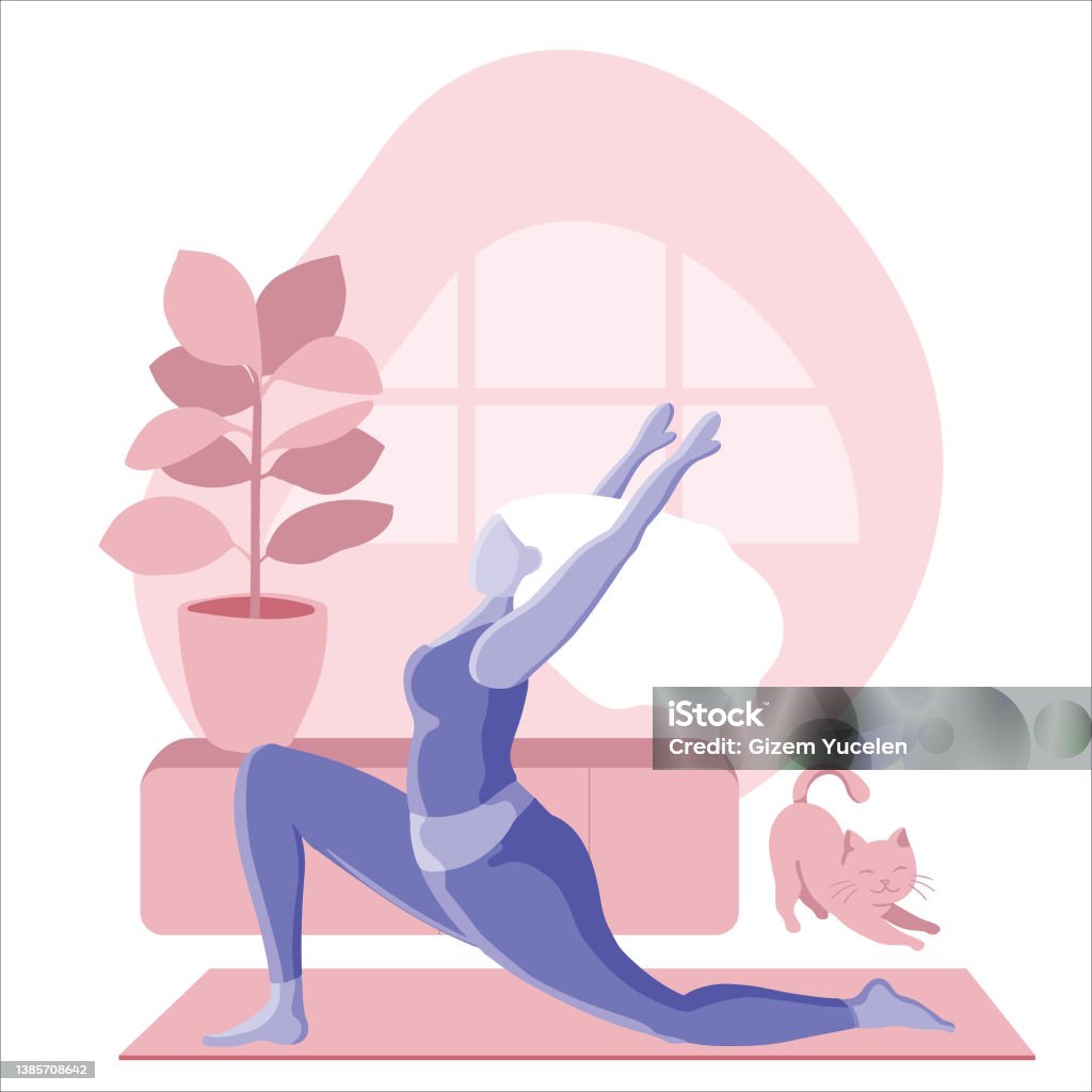 Wellness Magazine Illustrations Femmes Yoga Pose Warrior Position Vecteurs Libres De Droits Et