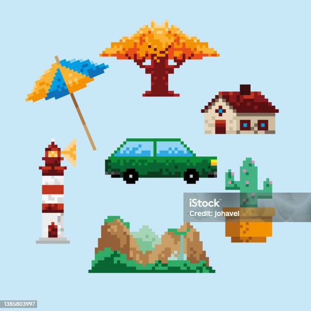 Sieben Pixelartsymbole Stock Vektor Art Und Mehr Bilder Von Gepixelt