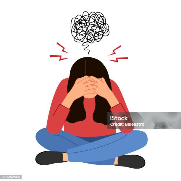 Wanita Cemas Merasa Sedih Dan Stres Duduk Di Lantai Dalam Desain Datar ... Wanita Cemas Merasa Sedih Dan Stres Duduk Di Lantai Dalam Desain Datar ...