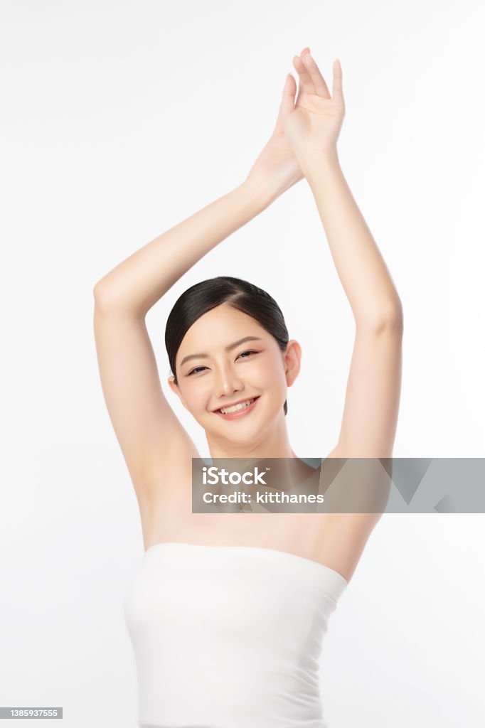 Beautiful Young Asian Woman Lifting Hands Up To Show Off Clean And