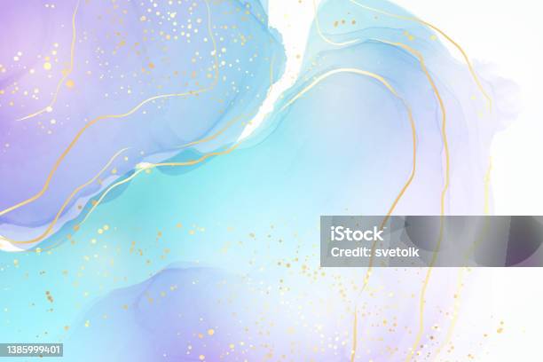 Fond Daquarelle Liquide Bleu Cyan Violet Avec Des Taches Dorées Effet